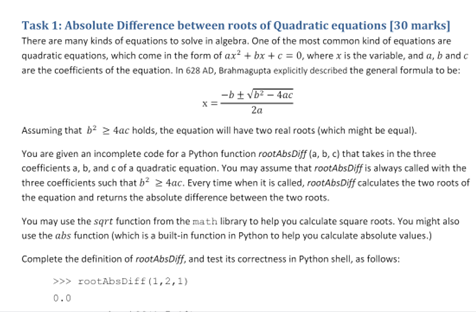 Solved Task 1: Absolute Difference between roots of | Chegg.com