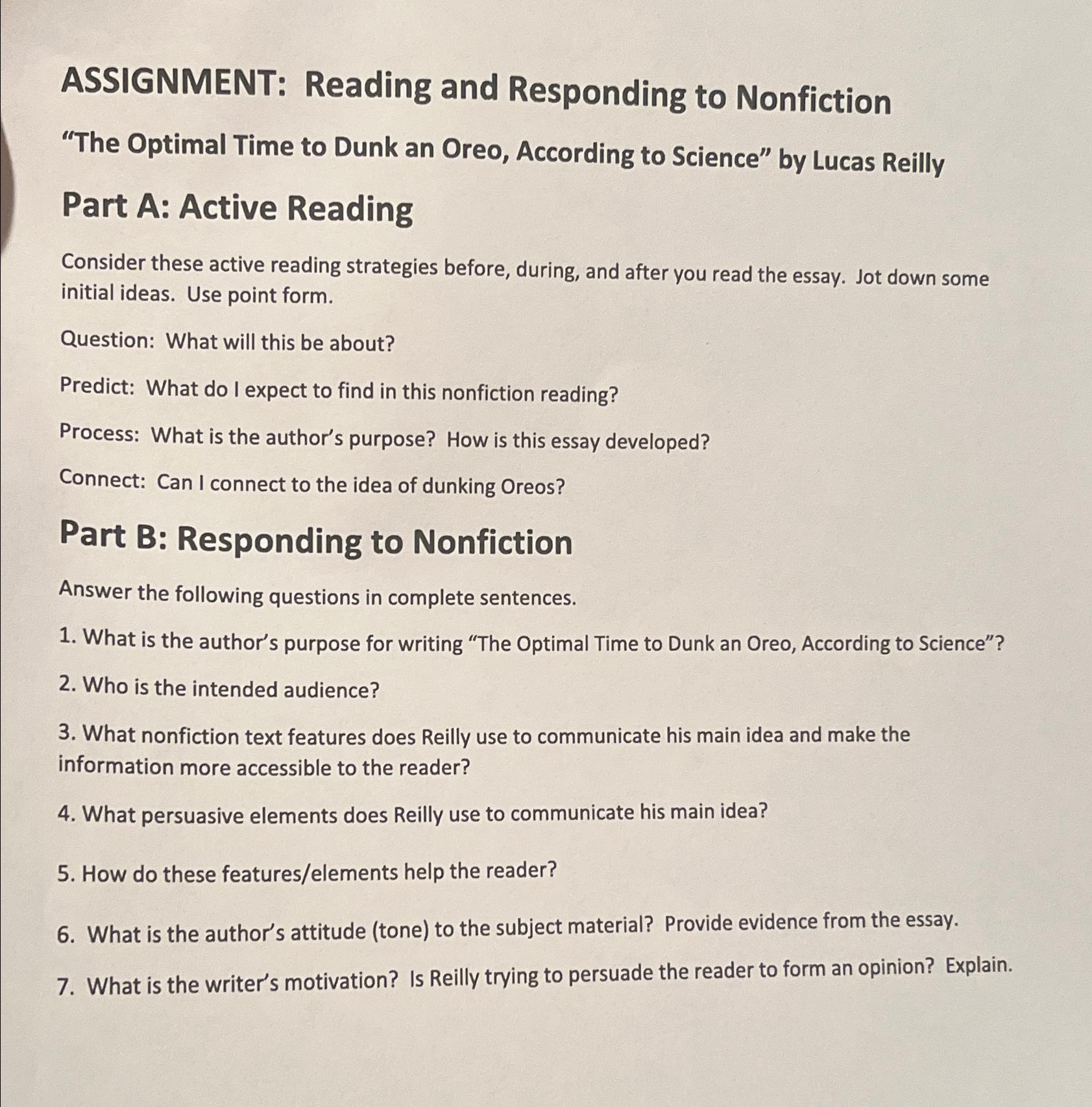 Solved ASSIGNMENT: Reading and Responding to Nonfiction "The | Chegg.com