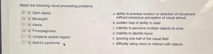 Solved Match The Following Visual Processing Problems Optic Chegg
