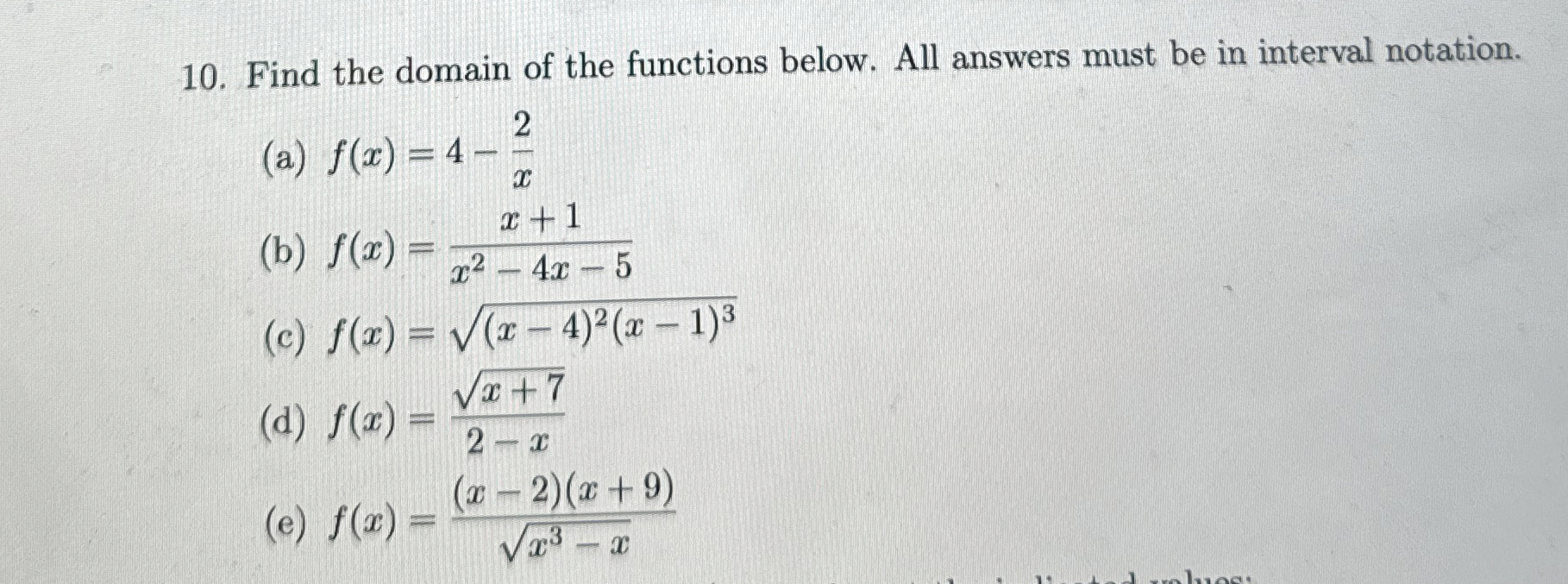 Solved Find the domain of the functions below. All answers | Chegg.com