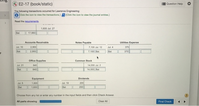 Solved E2-17 (book/static) Question Help The following | Chegg.com