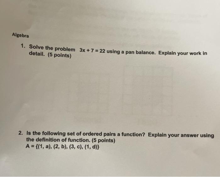 Solved Algebra 1. Solve the problem 3x + 7 = 22 using a pan | Chegg.com