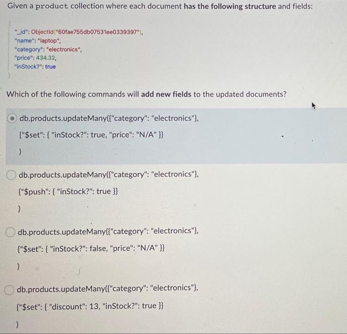 Solved Given a product collection where each document has | Chegg.com