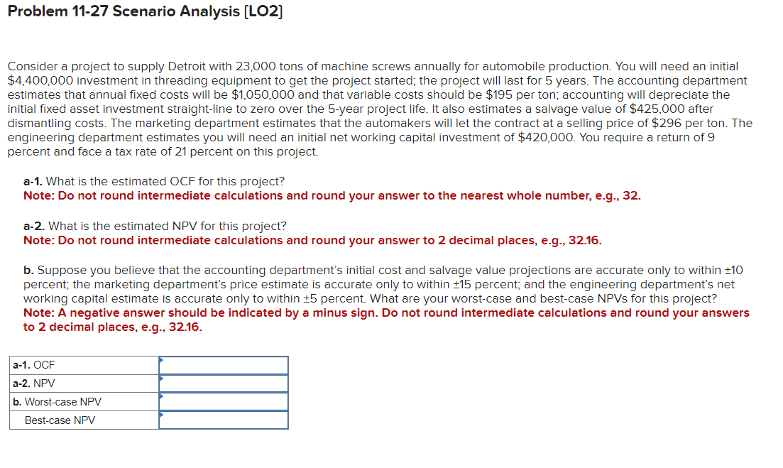 Solved Problem 11-27 ﻿Scenario Analysis [LO2]Consider a | Chegg.com