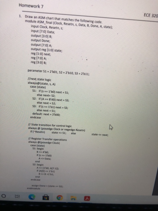 Solved Homework 7 ECE 320 1. Draw an ASM chart that matches | Chegg.com