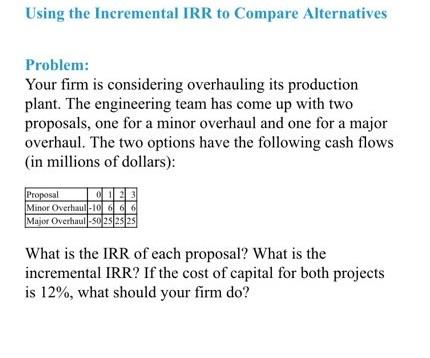Solved Using the Incremental IRR to Compare Alternatives | Chegg.com