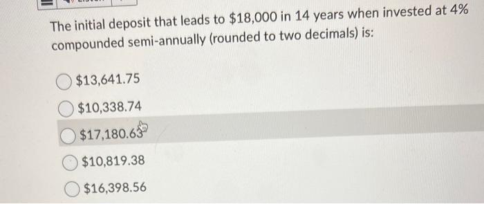 Solved The initial deposit that leads to $18,000 in 14 years | Chegg.com