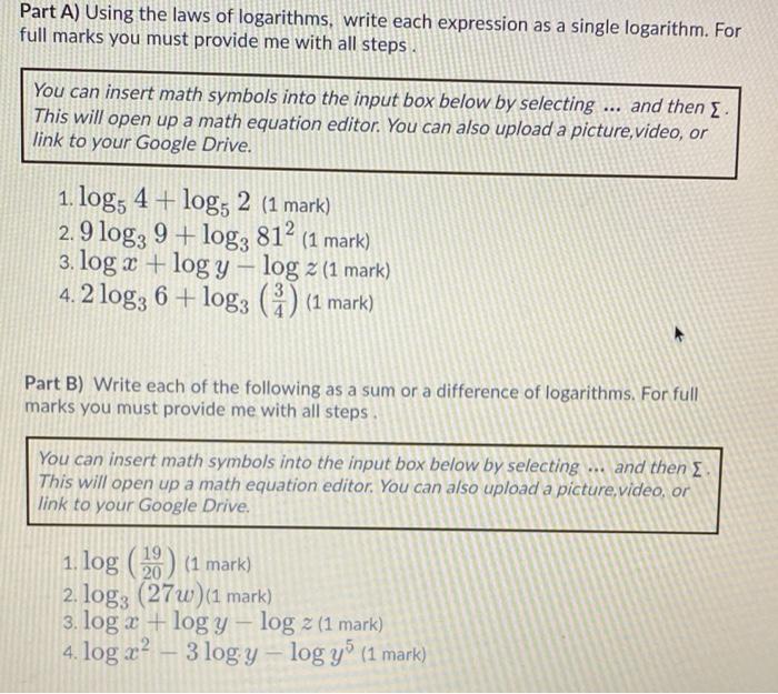 Solved Part A) Using the laws of logarithms, write each | Chegg.com