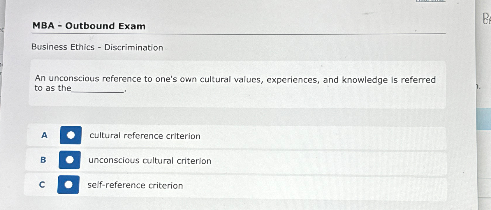 Solved MBA - ﻿Outbound ExamBusiness Ethics - | Chegg.com