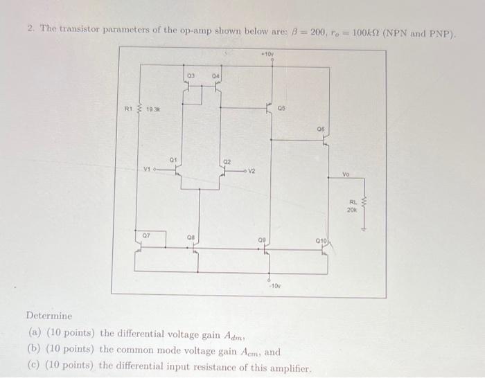 Solved 2. The transistor parameters of the op-amp shown | Chegg.com