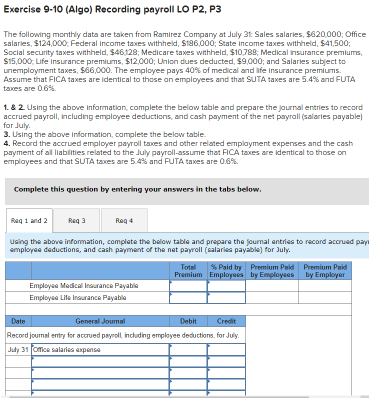 Solved Exercise 9-10 (Algo) ﻿Recording payroll LO P2, ﻿P3The | Chegg.com