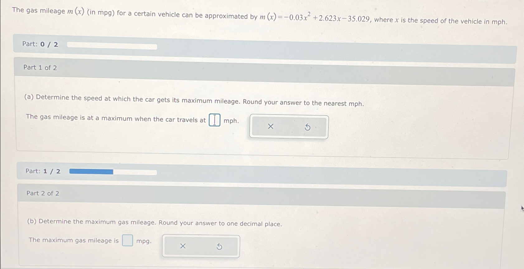 Solved The gas mileage m(x) (in mpg ) ﻿for a certain vehicle | Chegg.com