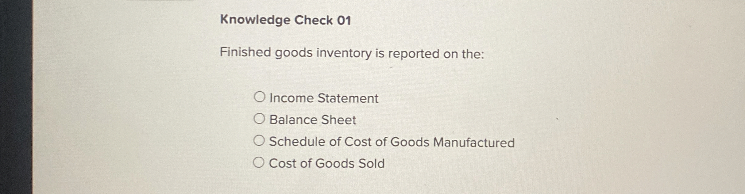 Solved Knowledge Check 01Finished goods inventory is | Chegg.com
