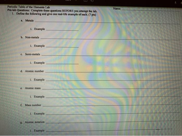Solved Name: Periodic Table of the Elements Lab Pre-lab | Chegg.com