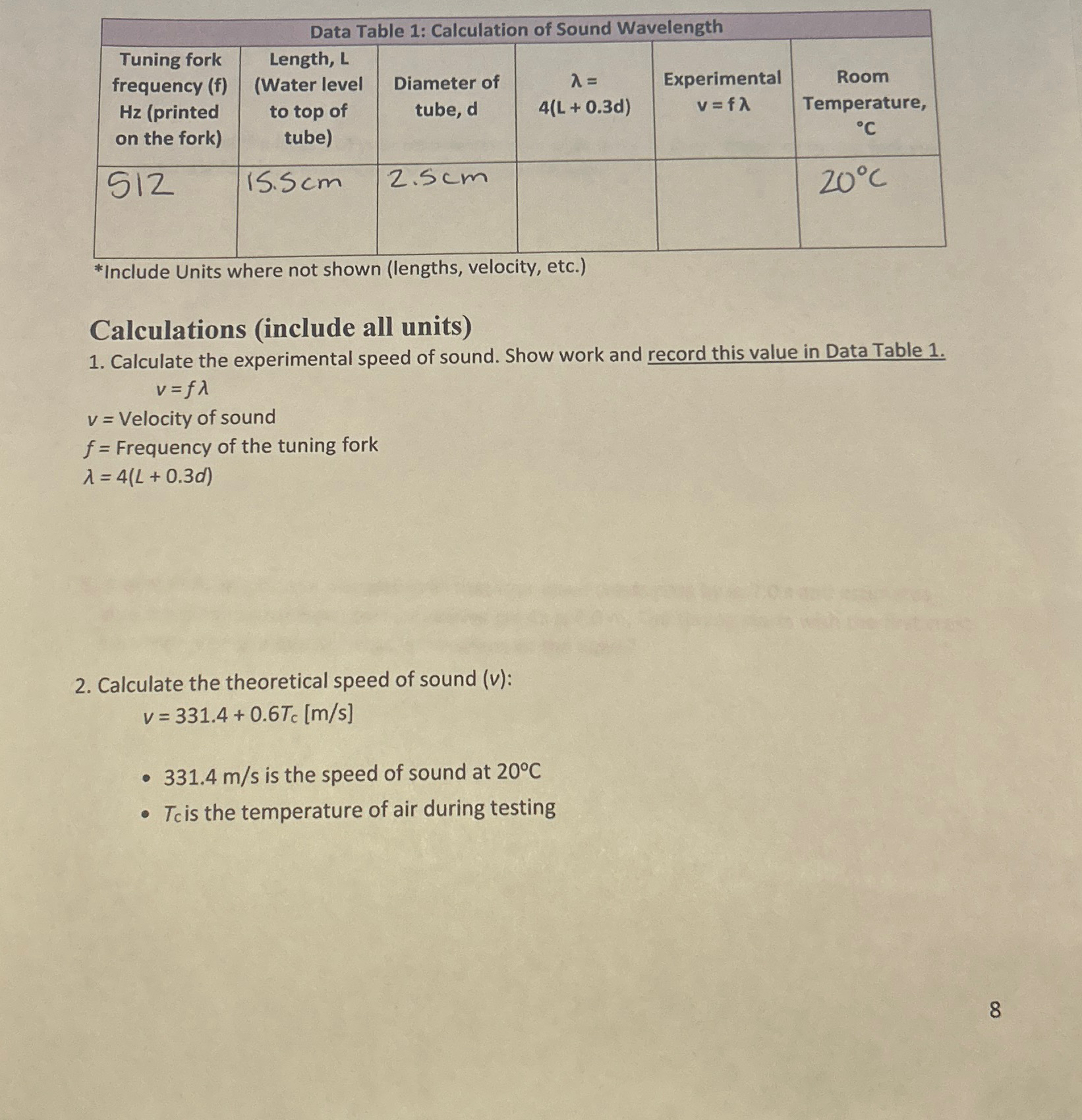 Solved \table[[Data Table 1: Calculation of Sound | Chegg.com