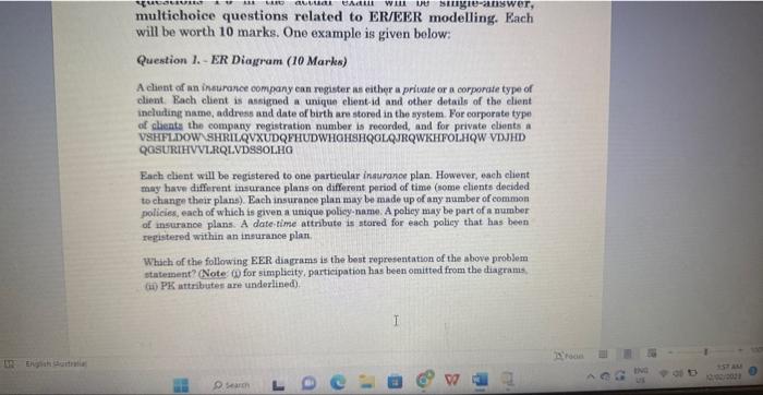Solved multichoice questions related to ER/EER modelling. | Chegg.com