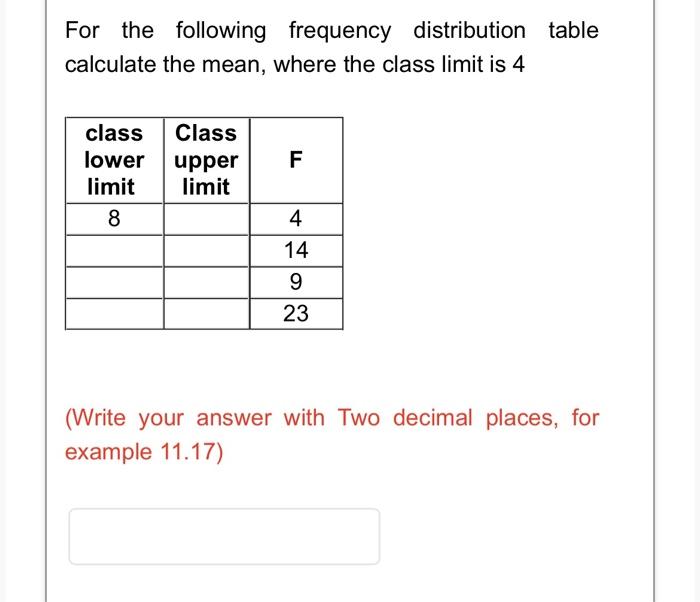 Solved For the following frequency distribution table | Chegg.com