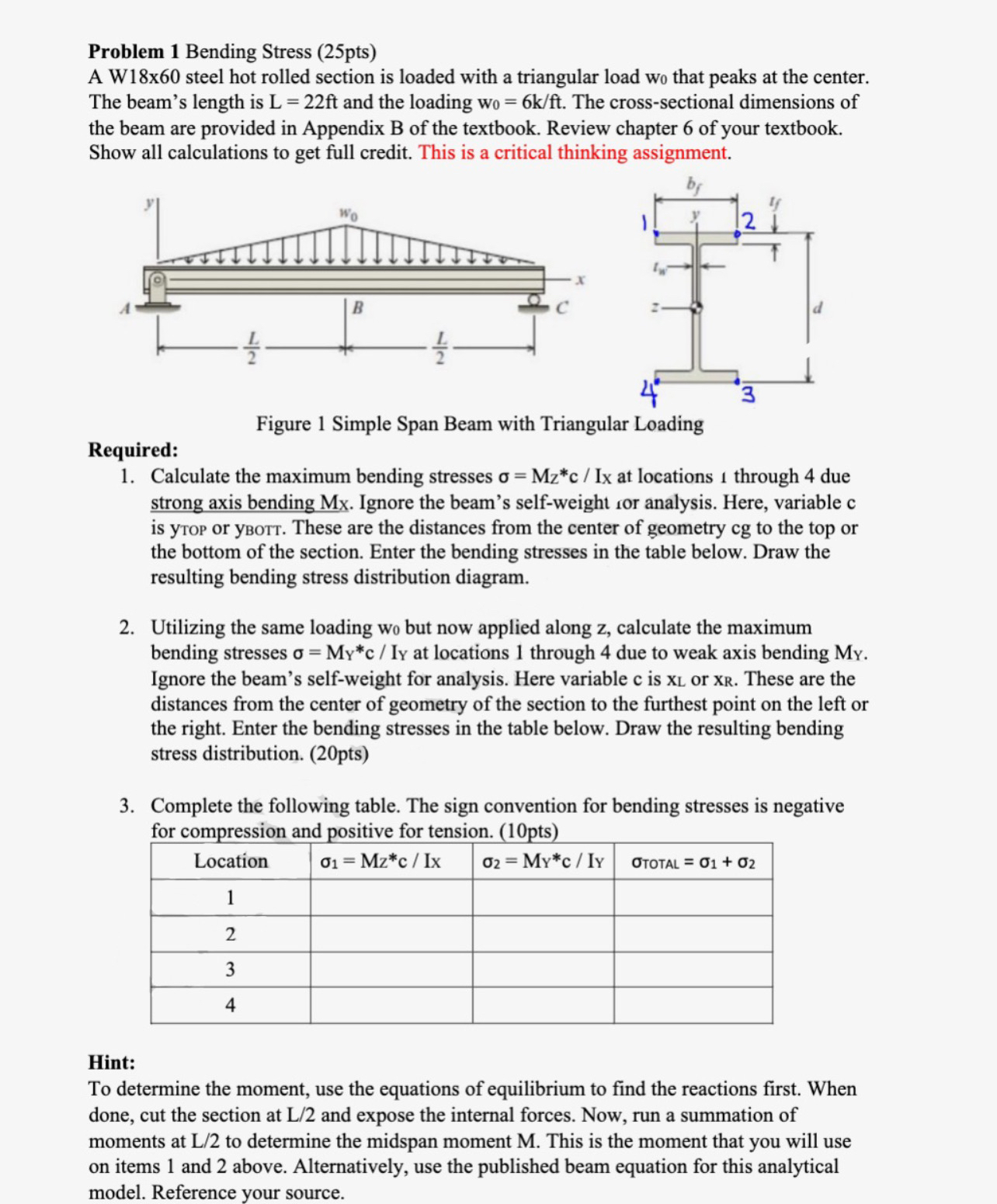 Solved Problem 1 ﻿Bending Stress (25pts)A W18x60 ﻿steel hot | Chegg.com