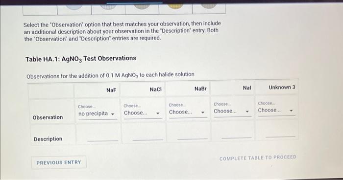 Virtual AgNO3 Test Select the "Observation" option | Chegg.com