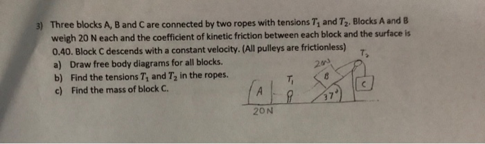 Solved 3) Three blocks A, B and C are connected by two ropes | Chegg.com