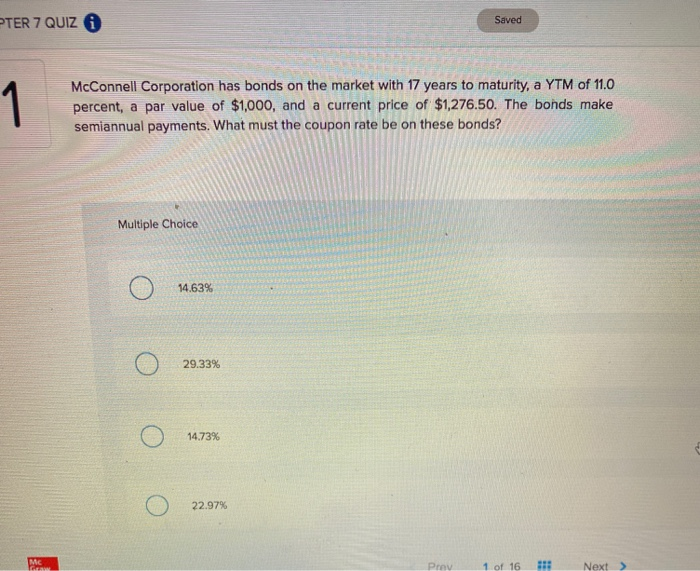 Solved PTER 7 QUIZ Saved 1 McConnell Corporation has bonds | Chegg.com Solved PTER 7 QUIZ Saved 1 McConnell Corporation has bonds | Chegg.com