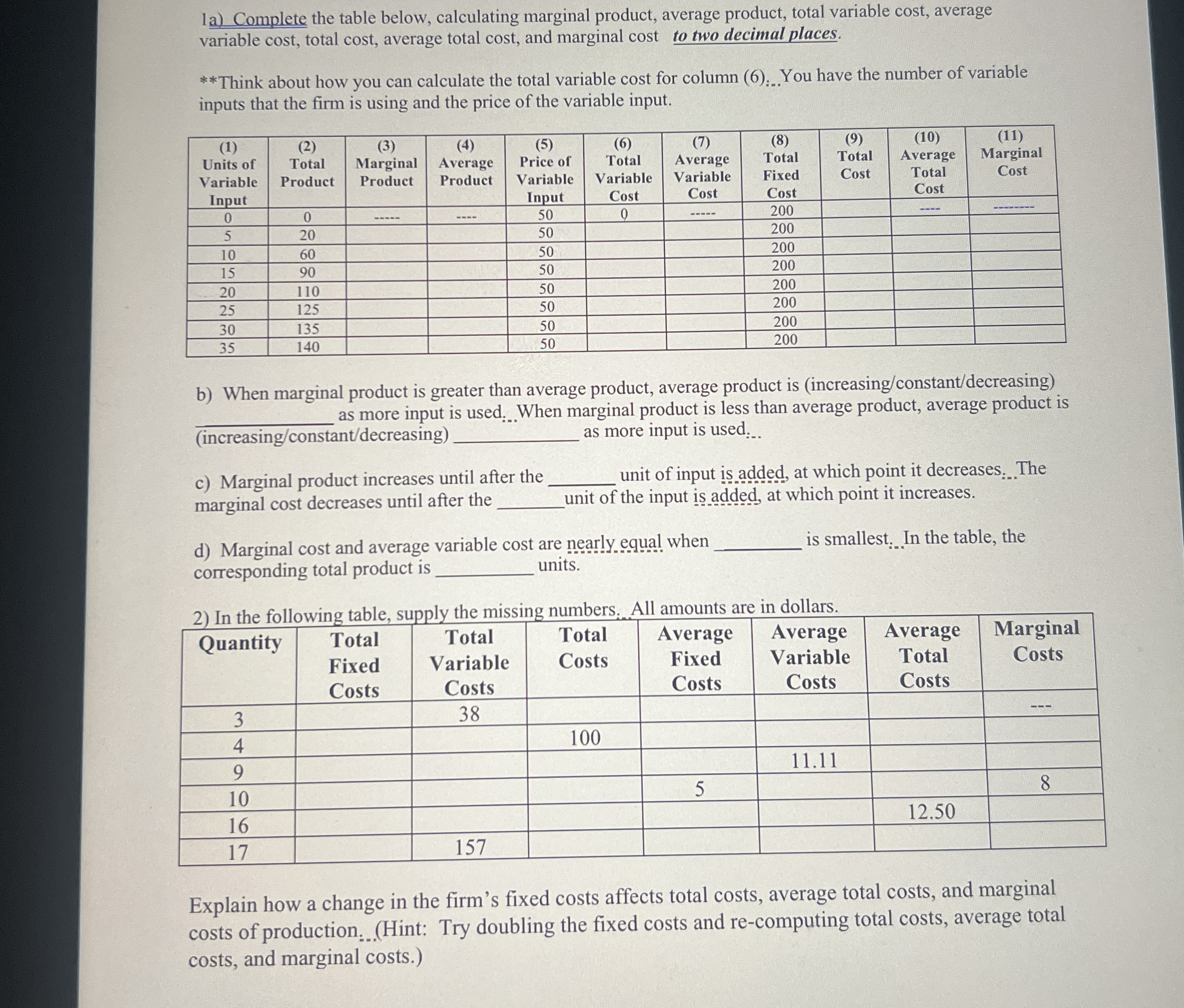 1a) ﻿Complete the table below, calculating marginal | Chegg.com