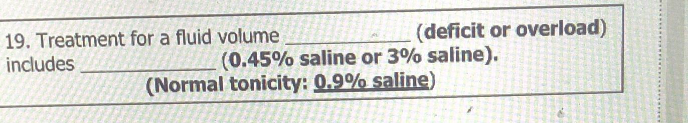 Solved Treatment for a fluid volume (deficit or overload) | Chegg.com