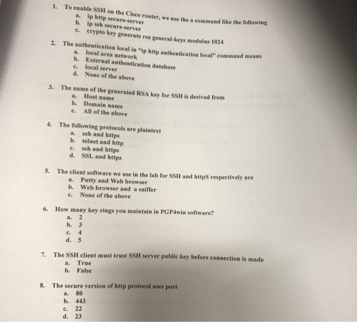 Solved 1. To enable SSH on the Cisco router, we use the a | Chegg.com