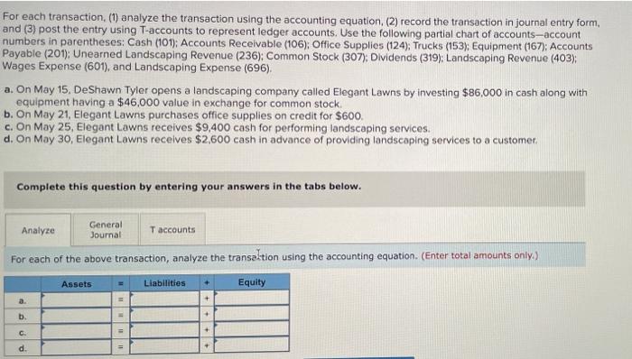 Solved For each transaction (1) analyze the transaction | Chegg.com