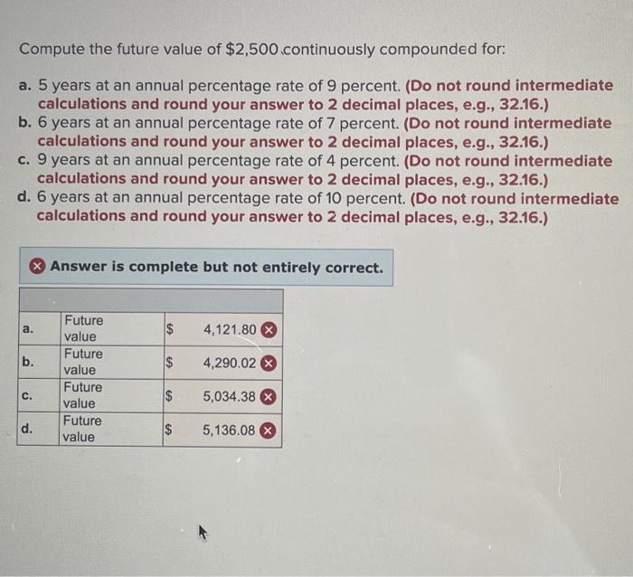 Solved Compute the future value of $2,500. continuously | Chegg.com