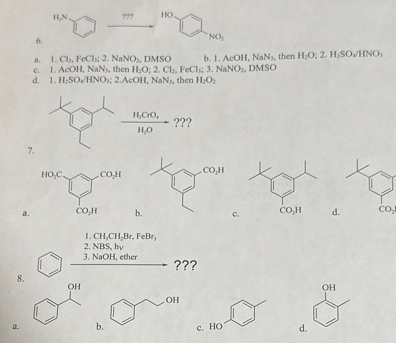 Solved a. 1. Cl2,FeCl3;2. NaNO2, ﻿DMSOb. 1. ﻿AcOH,NaN3, | Chegg.com