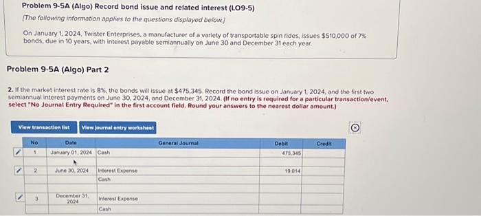 Solved Problem 9.5A (Algo) Record bond issue and related | Chegg.com