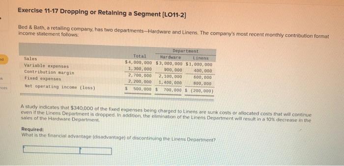 Solved Exercise 11-17 Dropping or Retaining a Segment | Chegg.com
