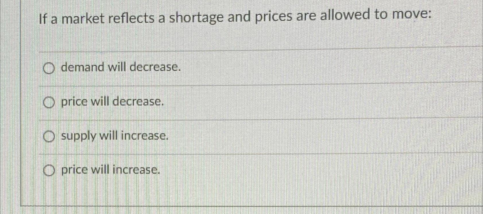 Solved If a market reflects a shortage and prices are | Chegg.com