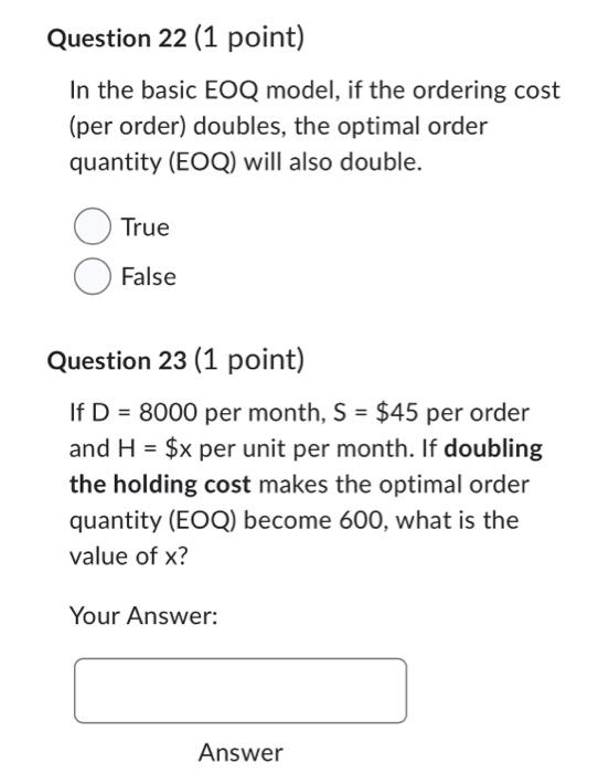 Solved In the basic EOQ model, if the ordering cost (per | Chegg.com
