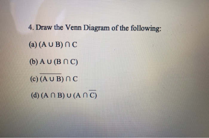 Solved 4. Draw the Venn Diagram of the following: (a) (AUB) | Chegg.com