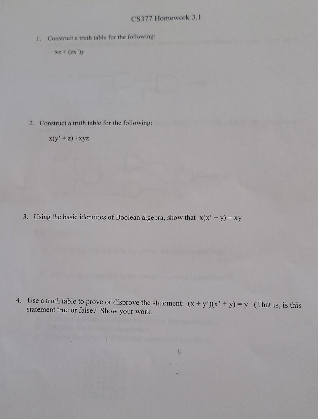 Solved 1 Construct A Truth Table For The Following