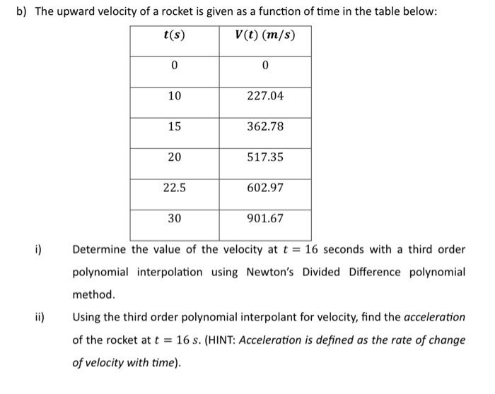 Solved b) The upward velocity of a rocket is given as a | Chegg.com