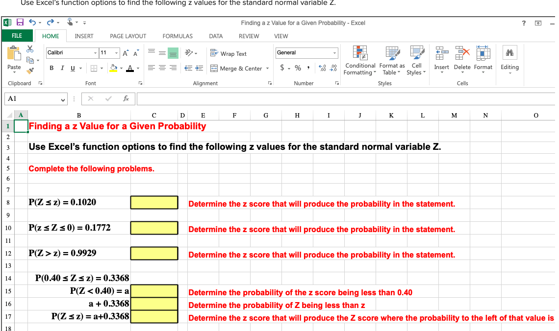 Solved Use Excel’s function options to find the following z | Chegg.com