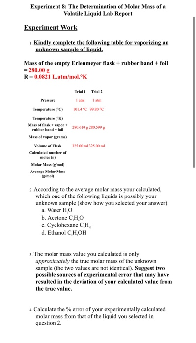 Solved Experiment 8: The Determination of Molar Mass of a | Chegg.com