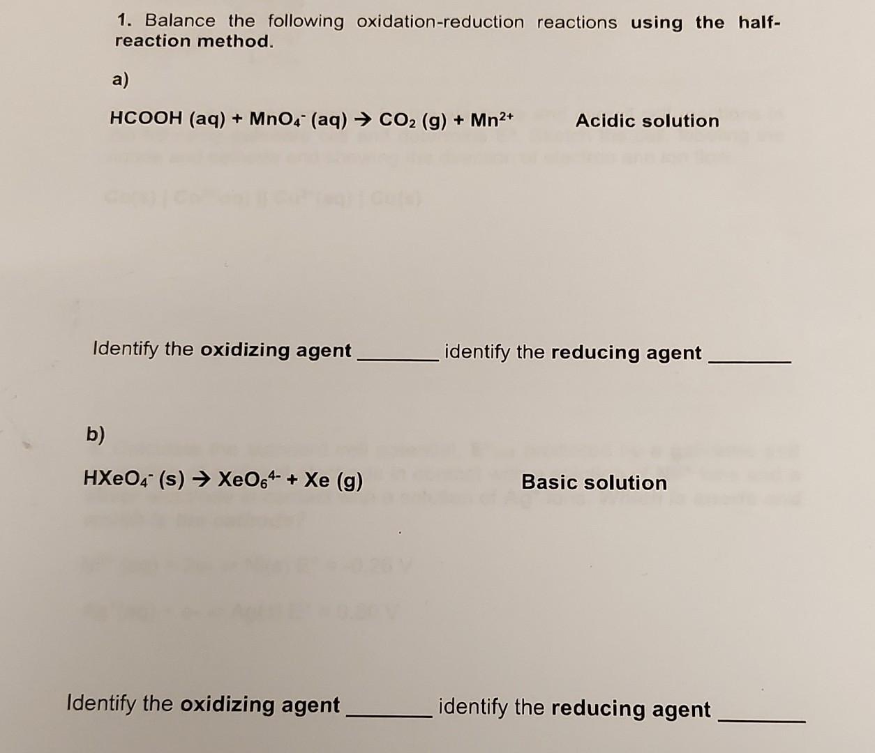 Solved 1 Balance The Following Oxidation Reduction