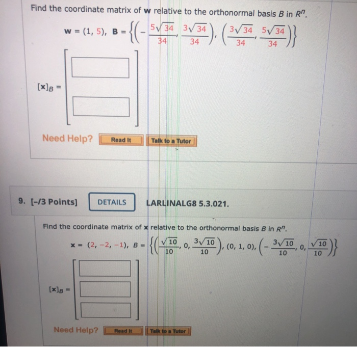 Solved Find the coordinate matrix of w relative to the | Chegg.com