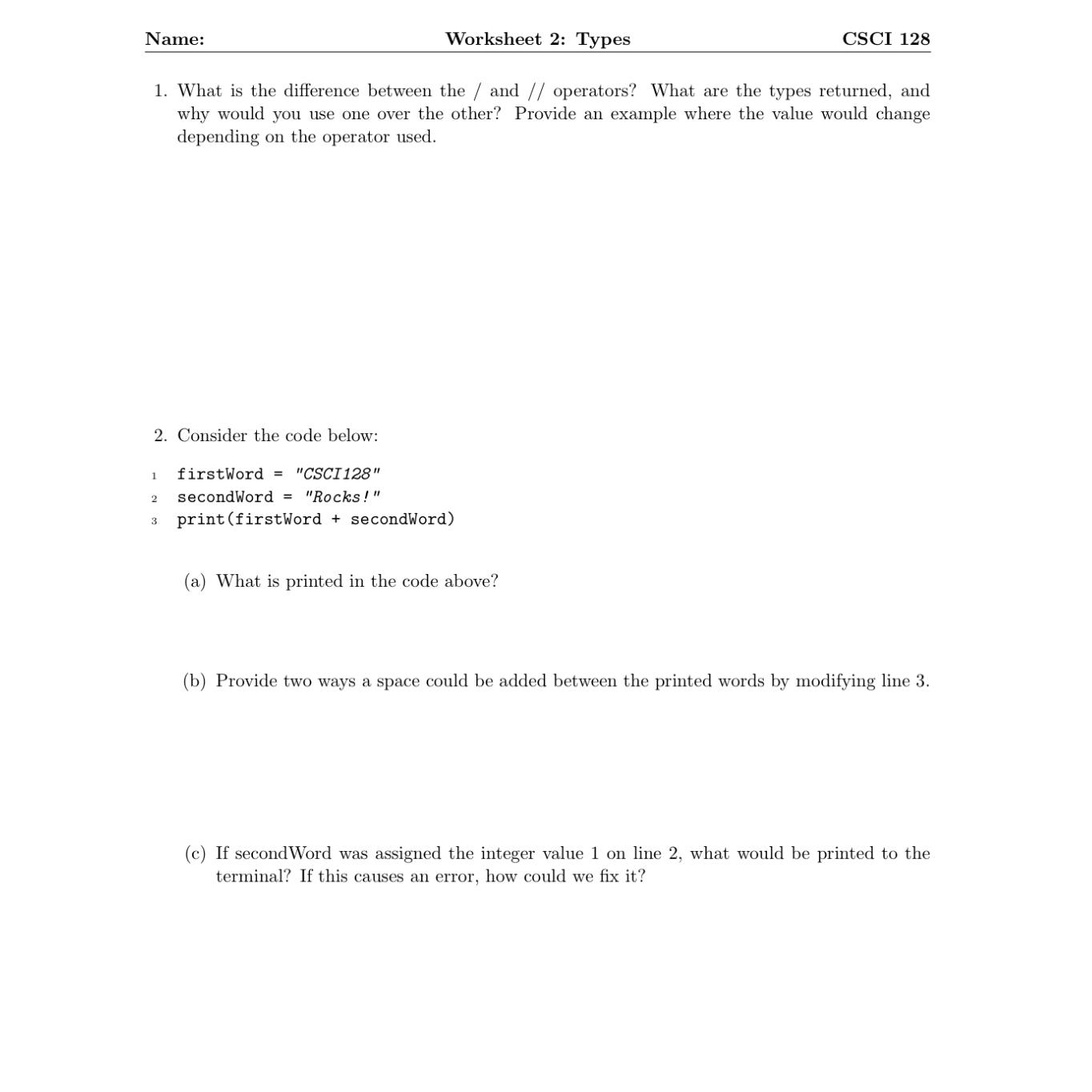 Solved Name:Worksheet 2: TypesCSCI 128What is the difference | Chegg.com