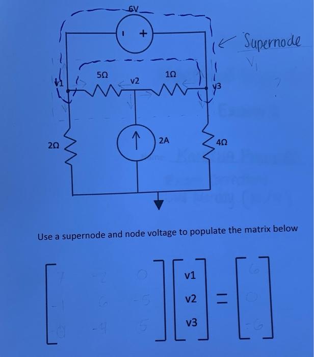 Solved 6V + Supernode 50 10 V2 12A 20 4Ω Use a supernode and | Chegg.com