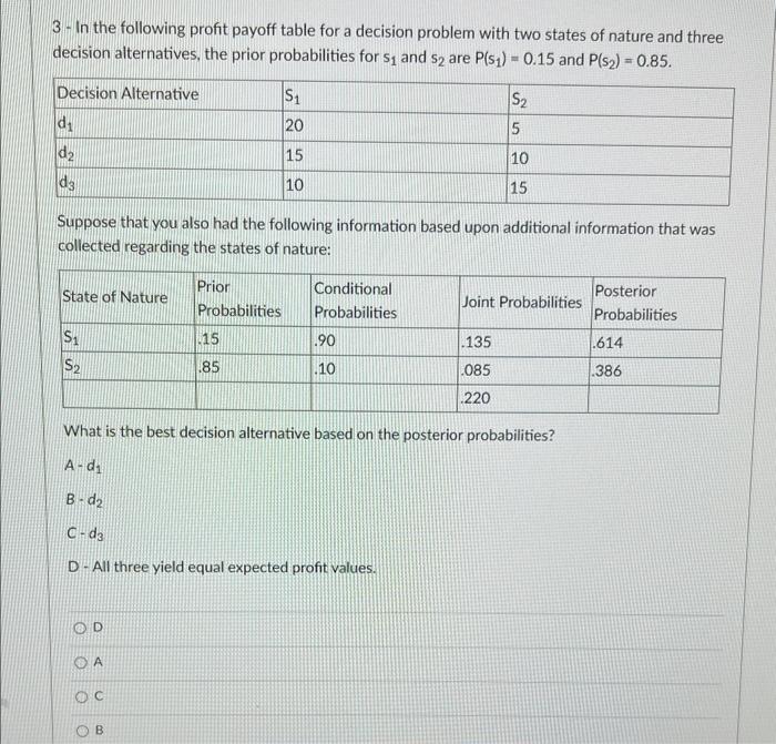 Solved 3- In the following profit payoff table for a | Chegg.com