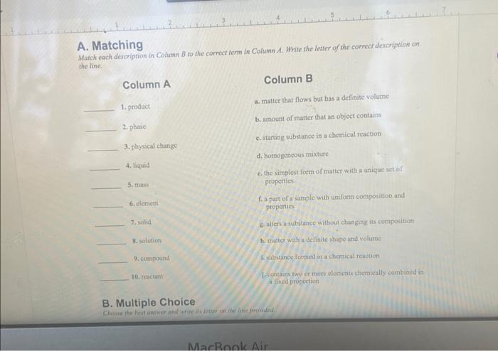 Solved A. Matching Match each description in Column B to the | Chegg.com