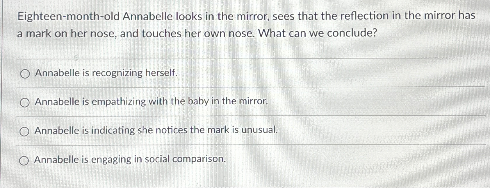 Solved Eighteen-month-old Annabelle looks in the mirror, | Chegg.com