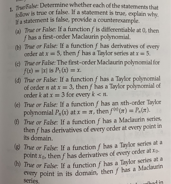 Solved 1. True/False: Determine whether each of the | Chegg.com
