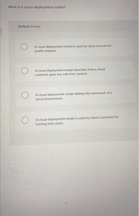 Solved What is a cloud deployment model? Multiple Choice A | Chegg.com
