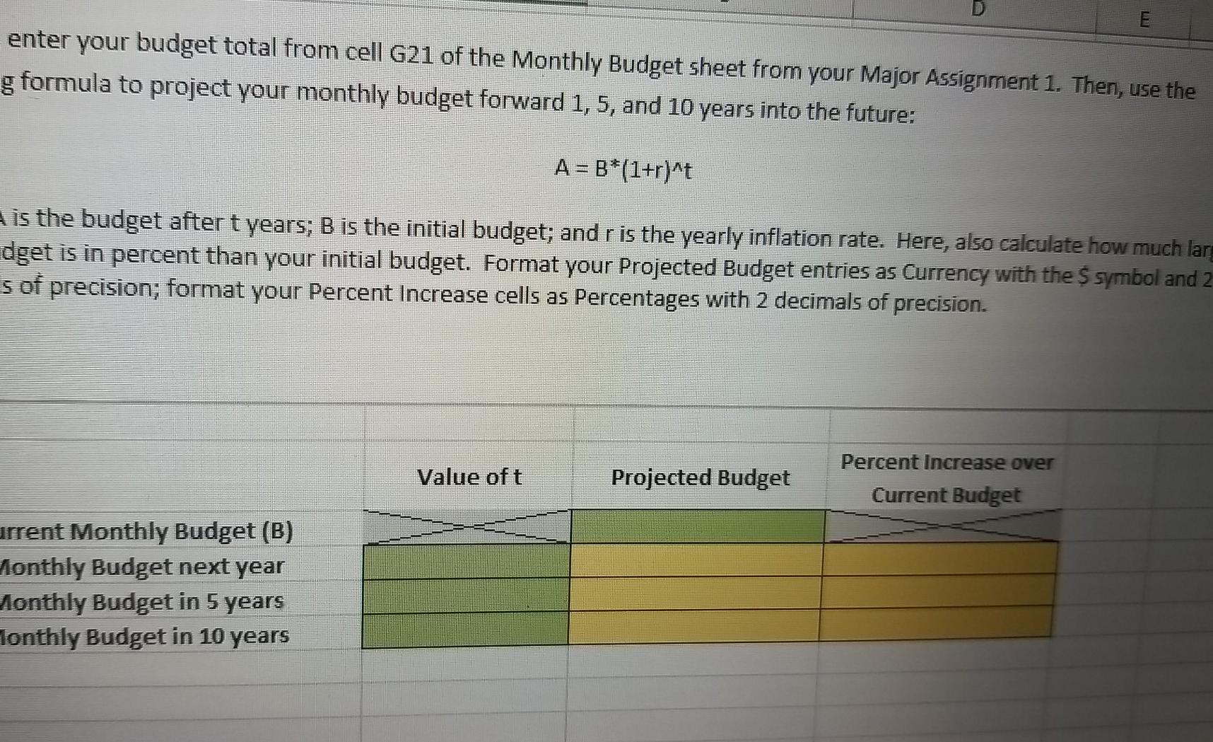 enter your budget total from cell G21 of the Monthly | Chegg.com